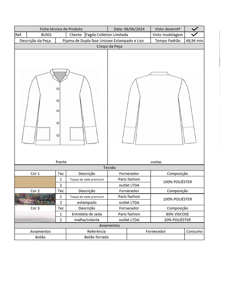 Ficha Técnica: Pijama Unissex Estampado | PDF