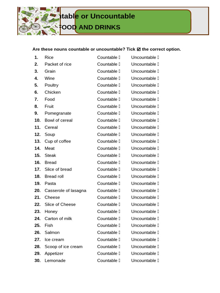Food and Drinks - Countables and Uncountables | PDF | Foods | Cuisine