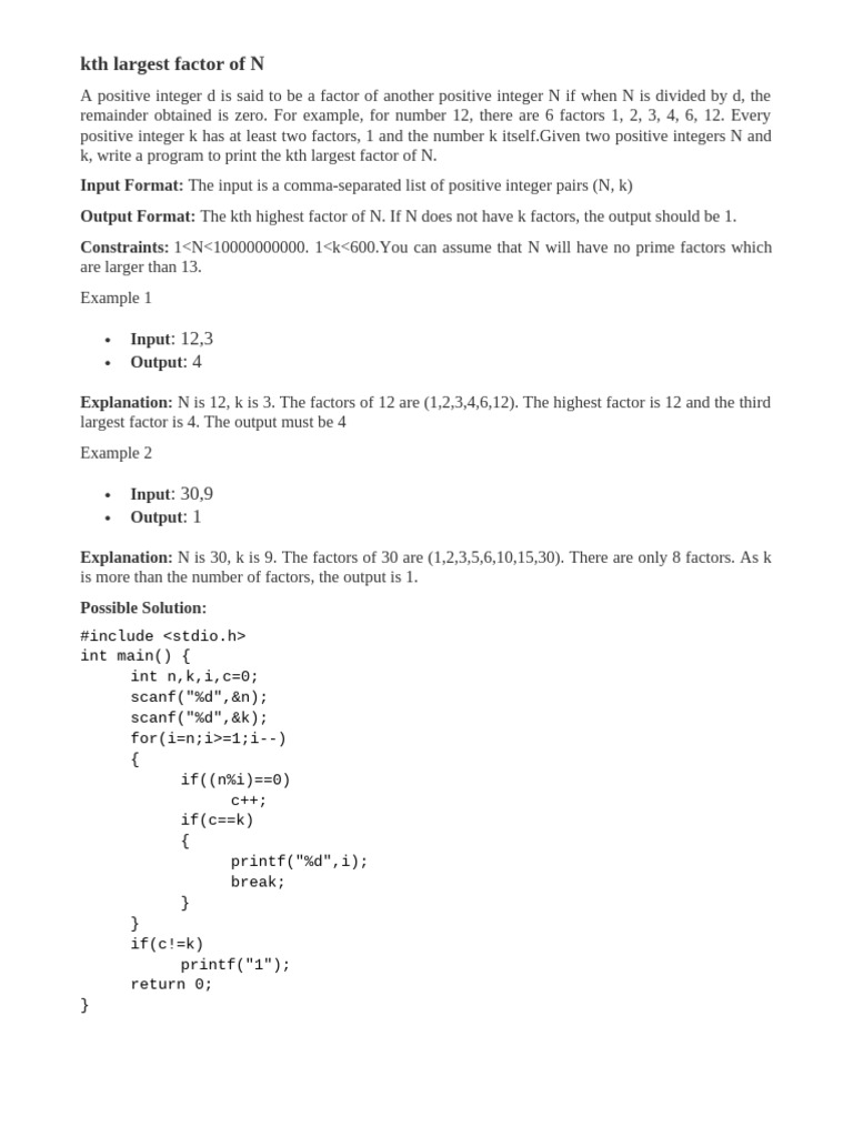 3.1 KTH Largest Factor of N Solution | PDF