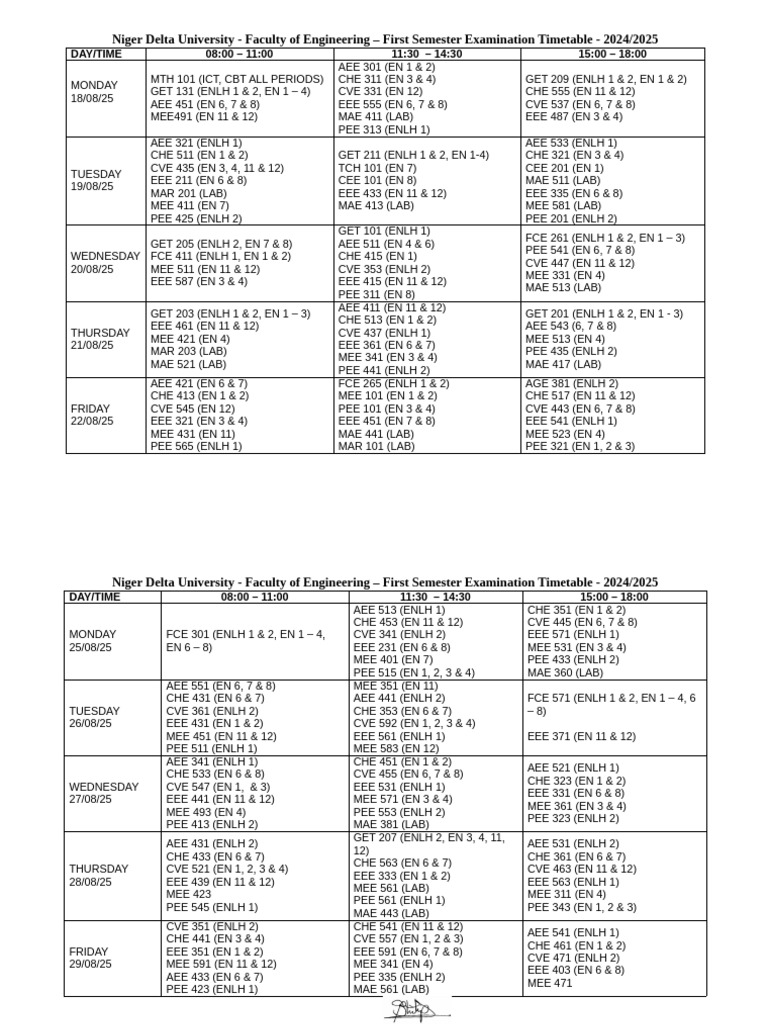 FoEn - First Semester Exam Timetable 2024 - 2025 | PDF
