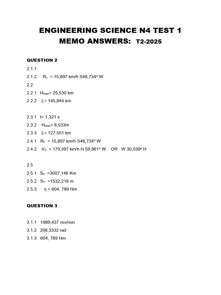 Engineering Science N4 Test 1 Memo Answers | PDF
