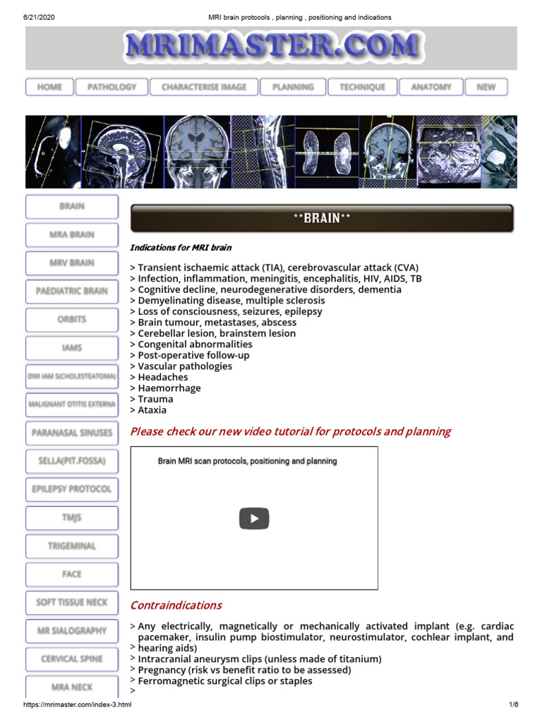 MRI Brain Protocols, Planning, Positioning and Indications | PDF ...