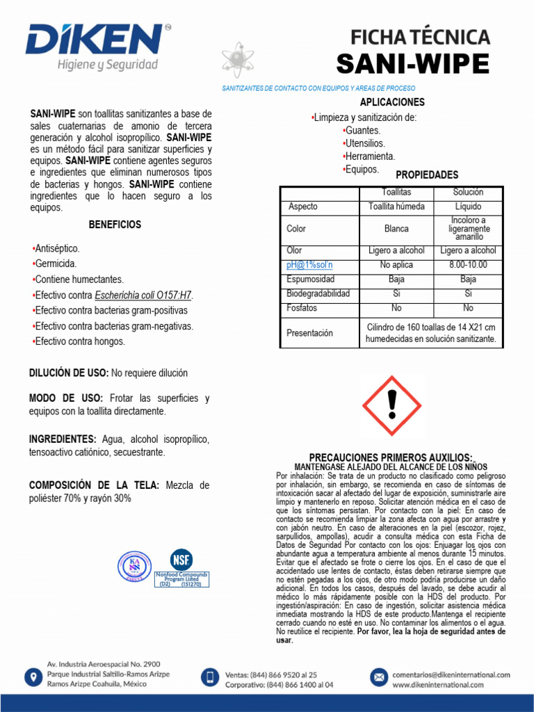 Sani-Wipe Ficha Técnica | PDF | Microbiología