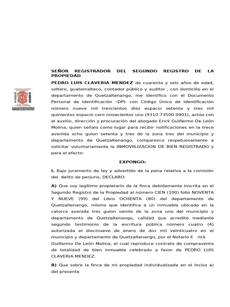 Solicitud Inmovilizacion Erick de Leon | PDF | Propiedad | Ley común