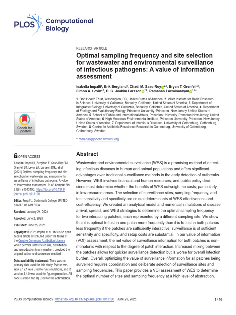 Optimal Sampling Frequency and Site Selection For | PDF | Simulation | Infection