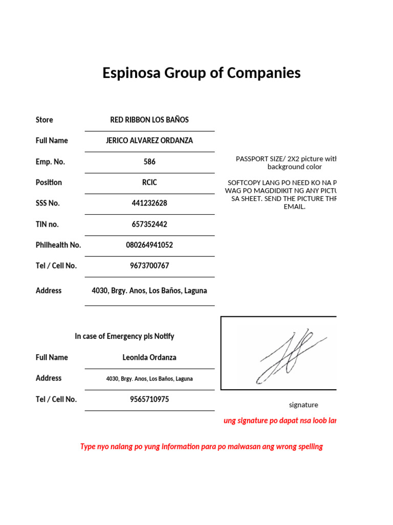 Employee Information Form for Jerico Ordanza | PDF