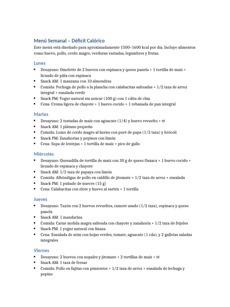 Menu Semanal Deficit Calorico | PDF | ensalada | Cocina de las Americas
