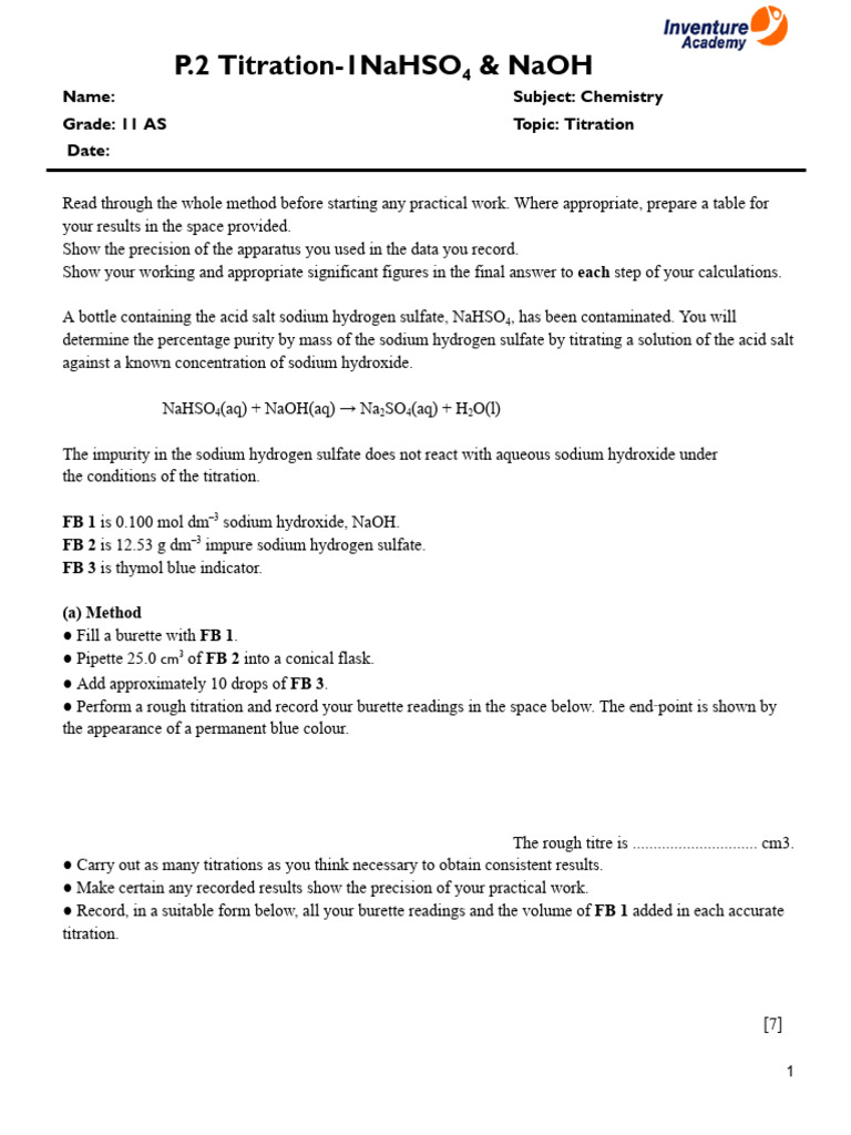 P.2 Titration-1 NaHSO4 & NaOH | PDF | Sodium Hydroxide | Titration