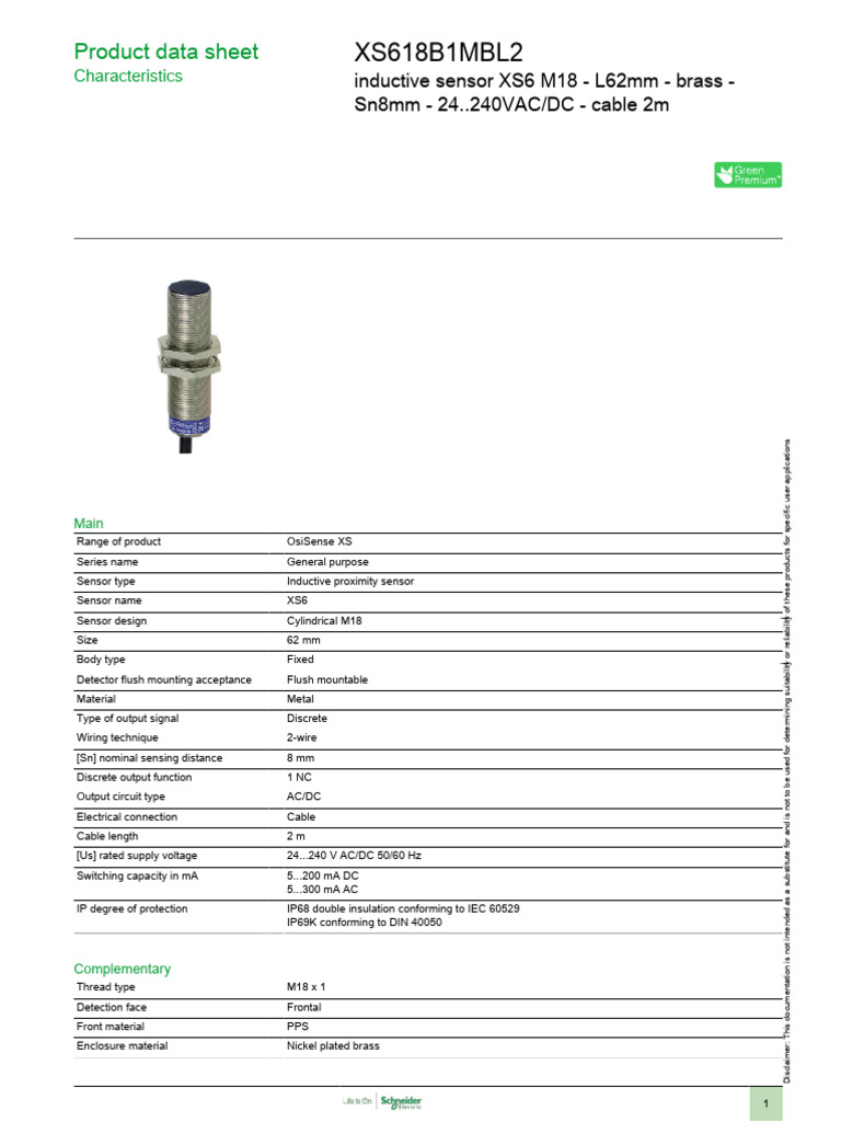 XS618B1MBL2 Inductive Sensor Data Sheet | PDF | Direct Current | Sensor