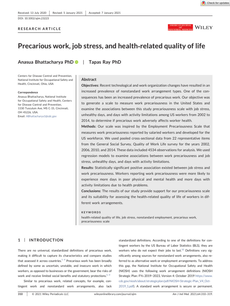 Precarious Work and Worker Health Impact | PDF | Factor Analysis ...