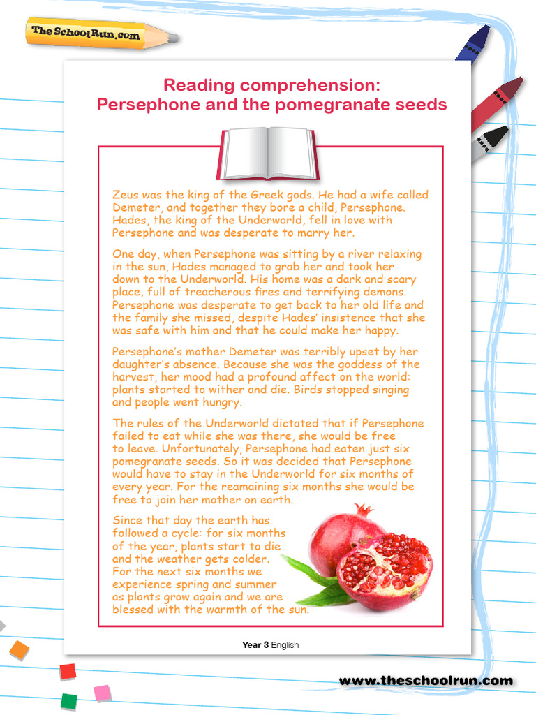 Reading Comprehension Persephone and The Pomegranate Seeds | PDF ...