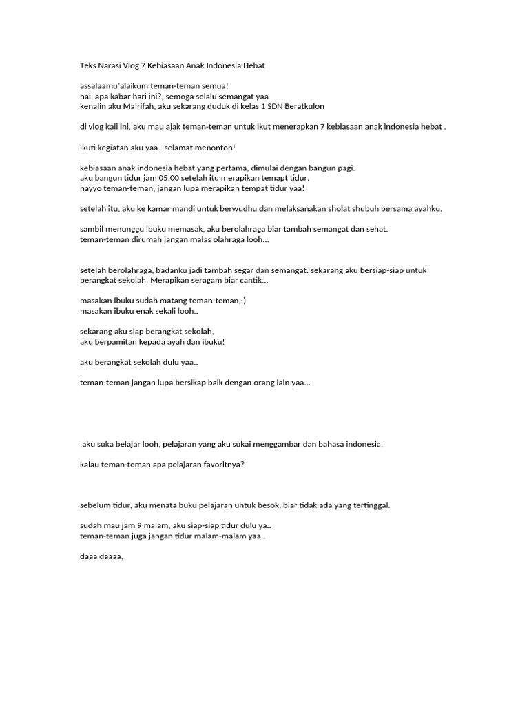 Teks Narasi Vlog 7 Kebiasaan Anak Indonesia Hebat | PDF
