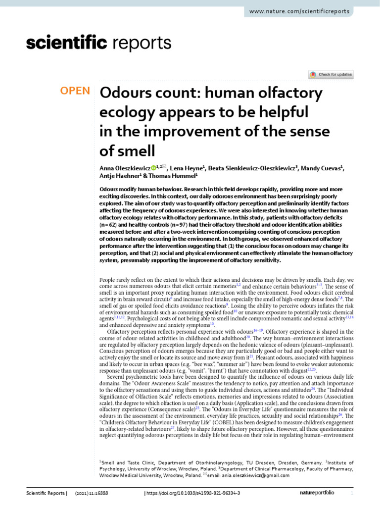 Odours Count - Human Olfactory Ecology Appears To Be Helpful in The ...
