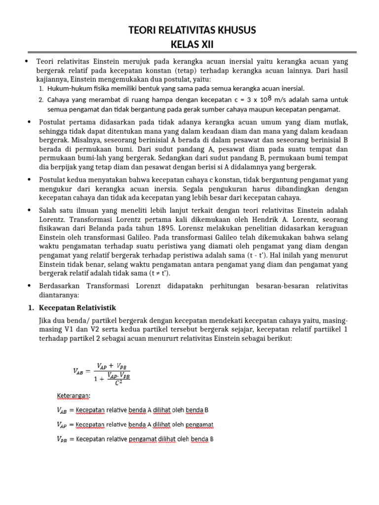 Ringkasan Materi Teori Relativitas Khusus | PDF