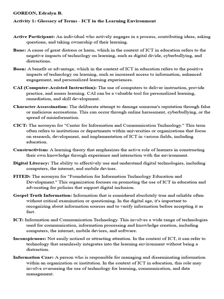 Class Glossary of Terms (Module 1 and 2) | PDF | Educational Technology ...