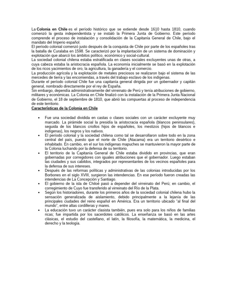 Historia de la Colonia en Chile (1610-1810) | PDF | Nueva españa | Chile