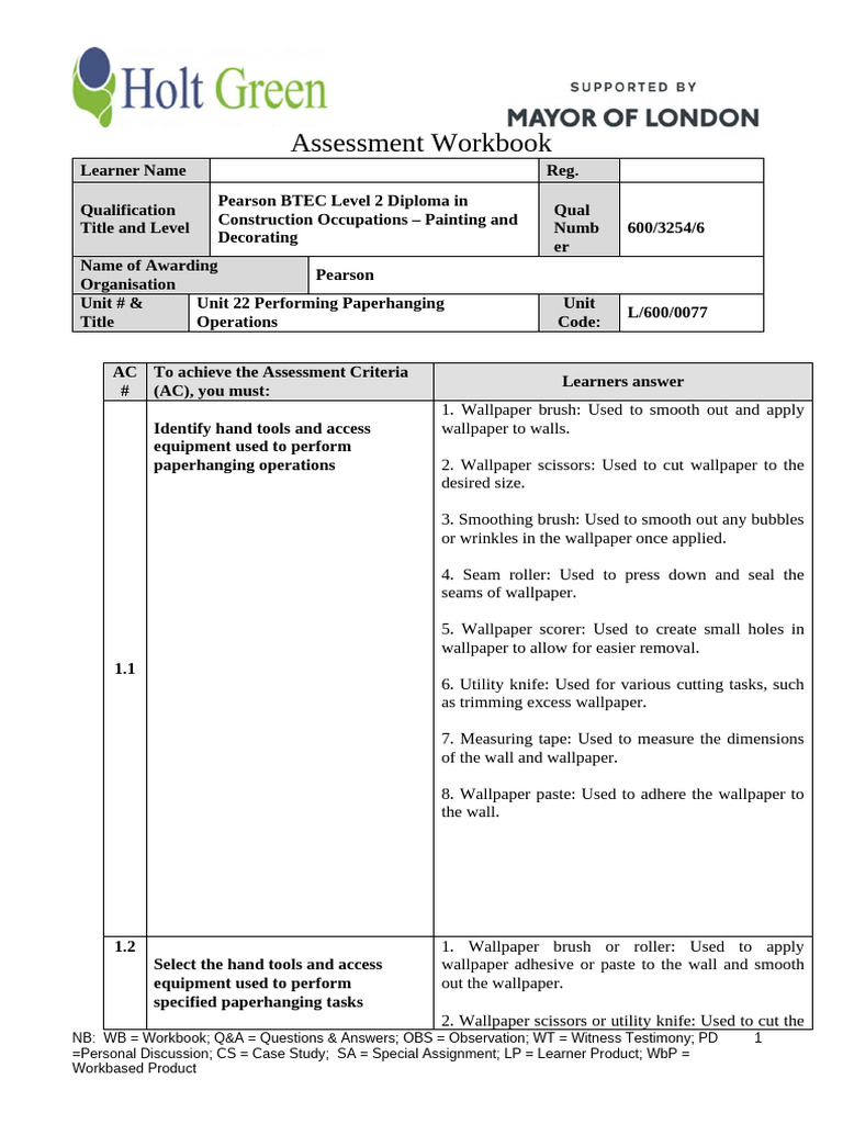 Paperhanging Operations Assessment Guide | PDF | Personal Protective ...