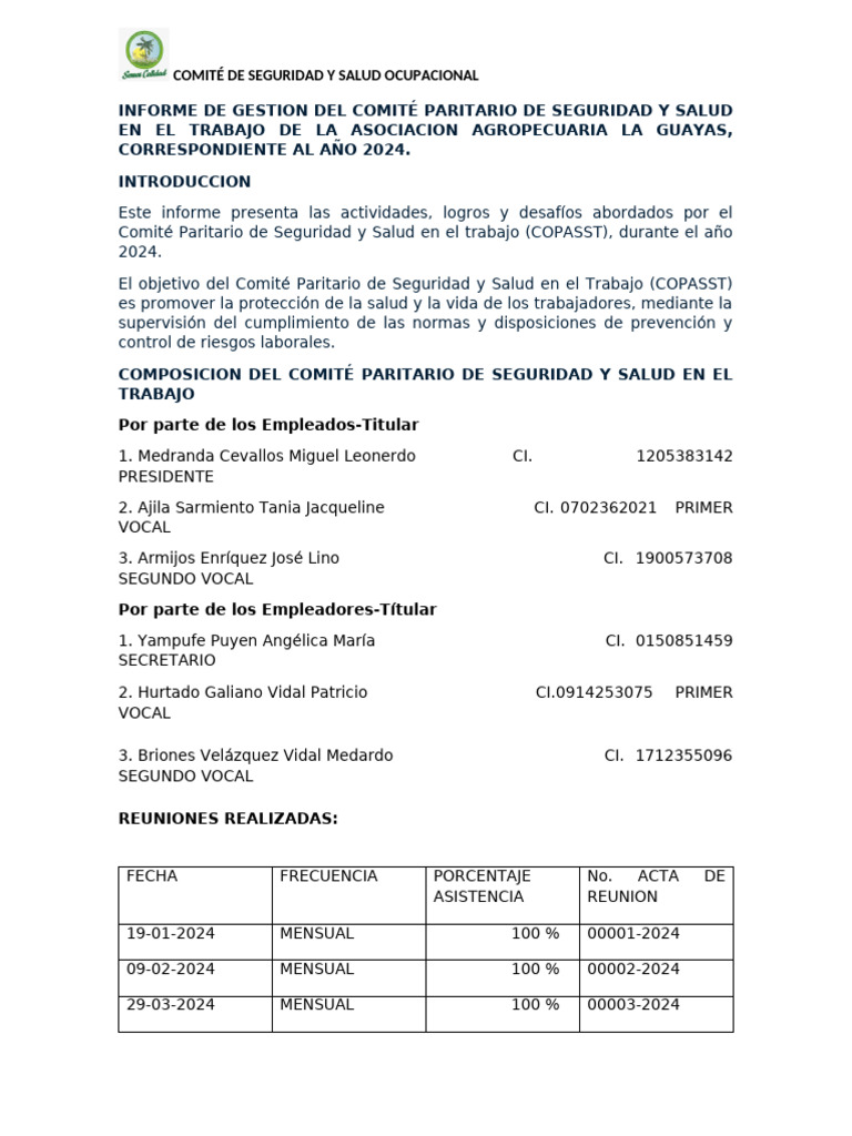 Informe de Gestion Del Comité Paritario de Seguridad y Salud en El Trabajo de La Asociacion ...