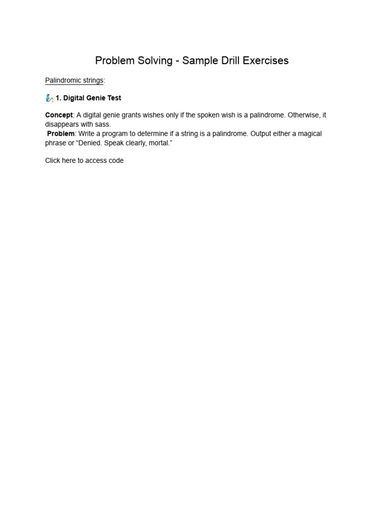 Problem Solving - Sample Drill Exercises - Palindromic Strings | PDF