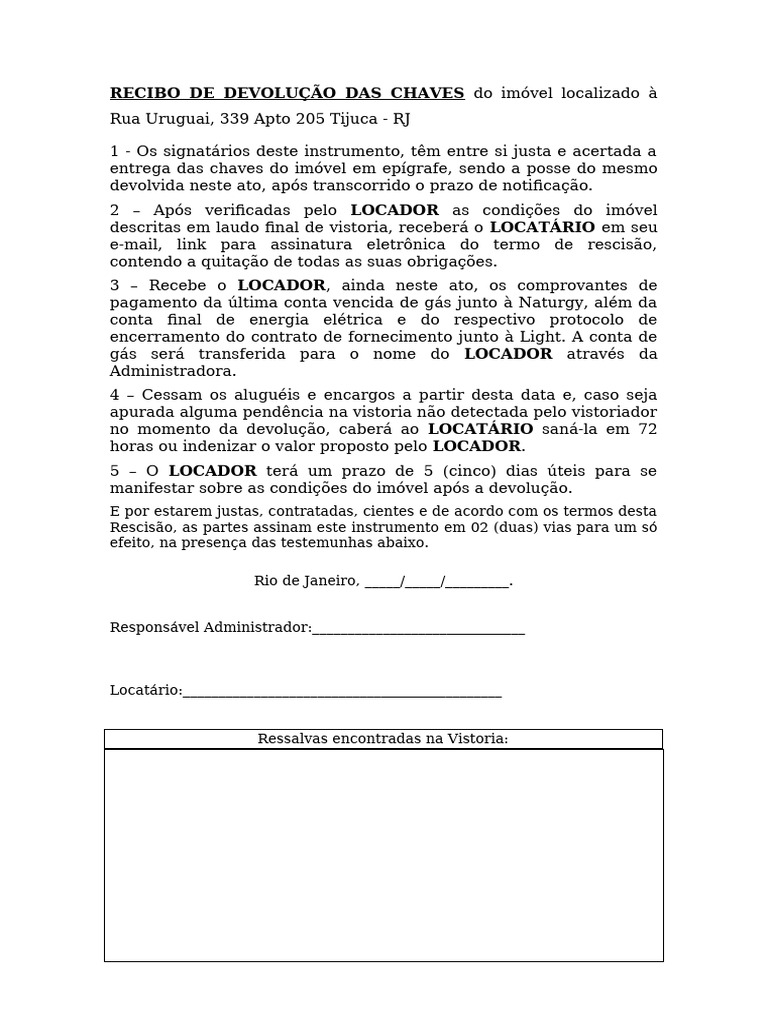 Modelo - Recibo de Entrega Das Chaves - 2022 | PDF