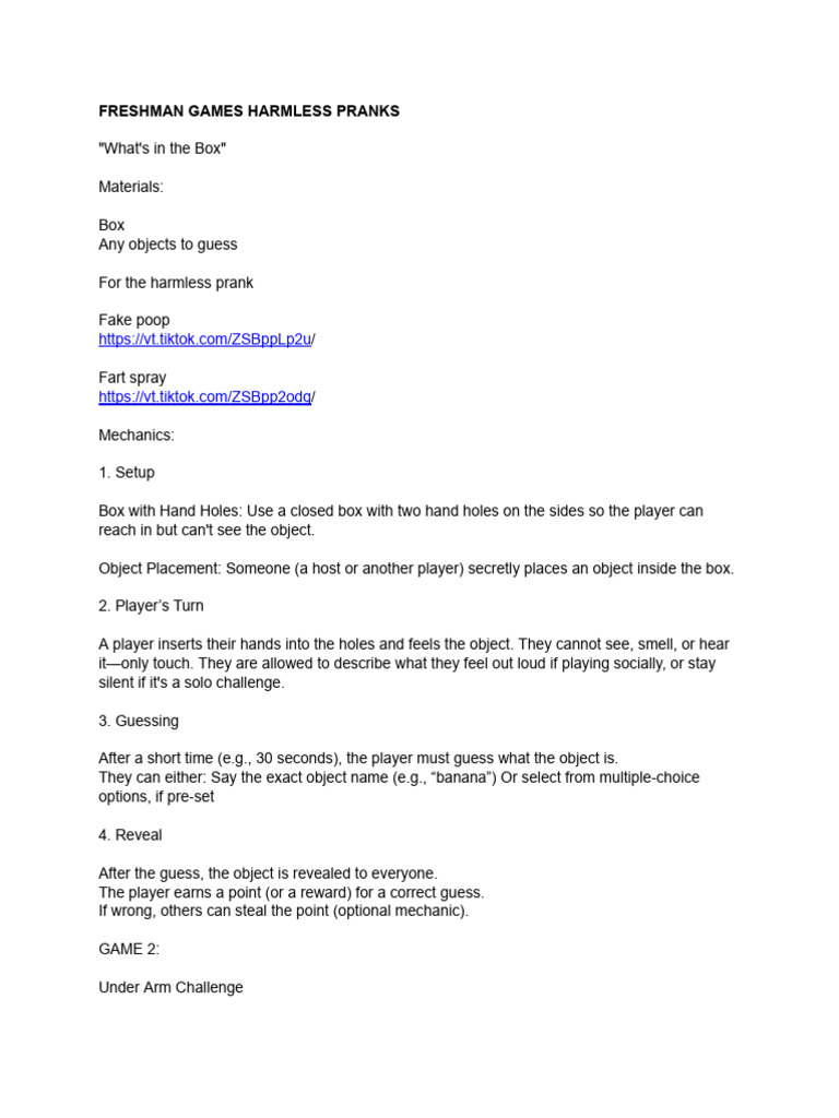 Freshman Games: Harmless Pranks Guide | PDF