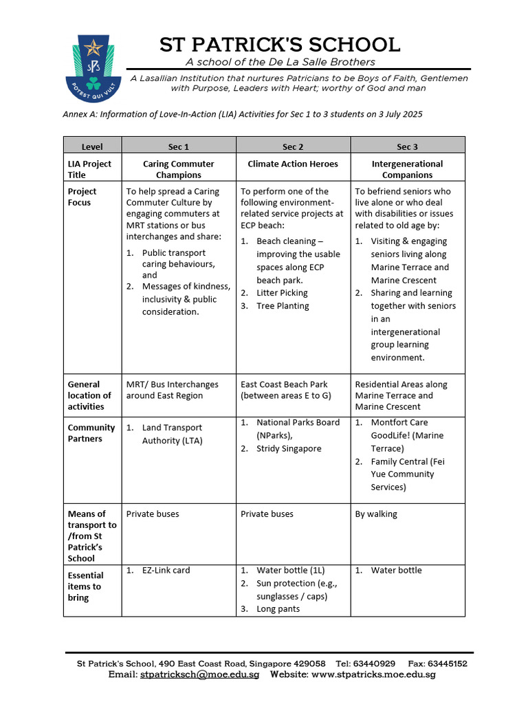 Annex A Description of LIA Activities For Sec 1 To 3 Students On 3 July ...