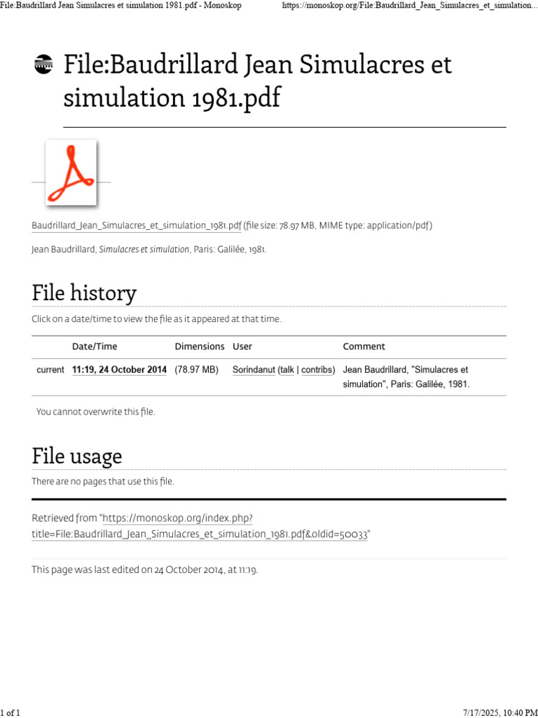 Baudrillard's Simulacres et Simulation PDF | PDF