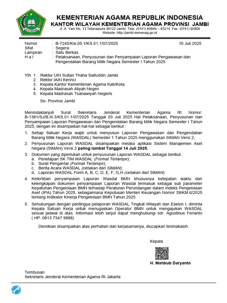 Surat Penyusunan Wasdal SMT 1 2025 - Signed | PDF