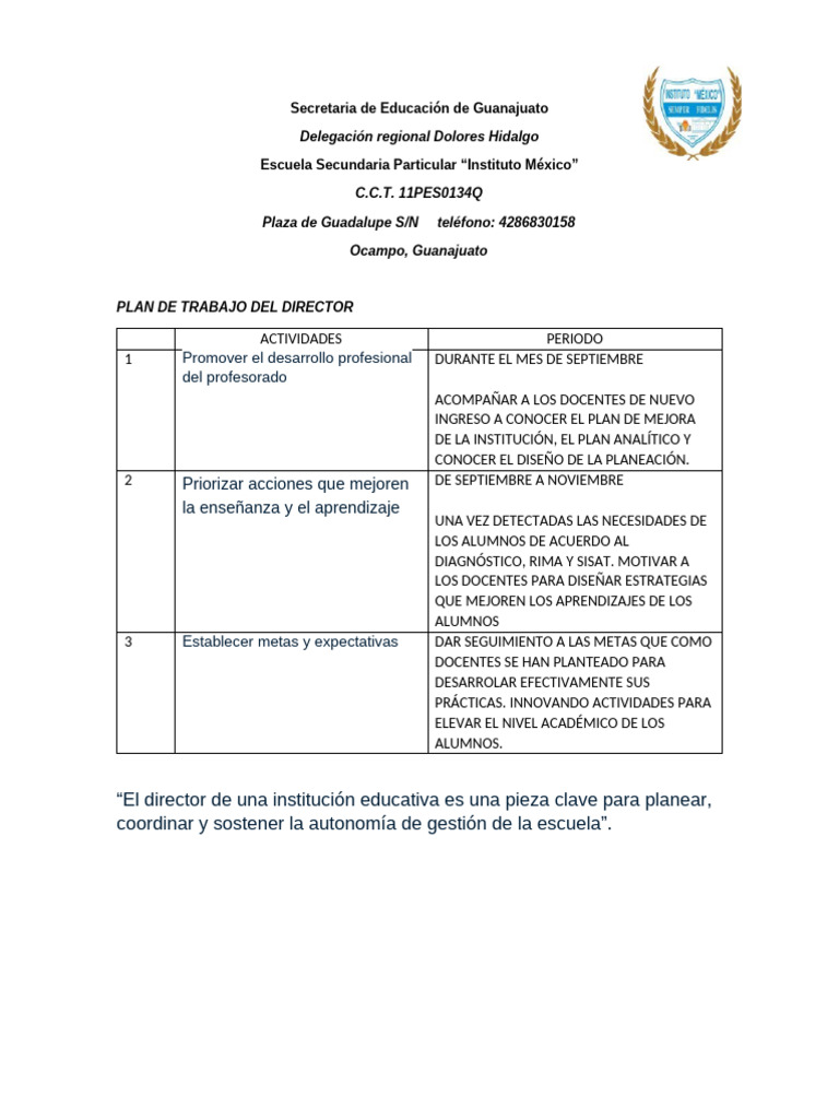 Plan de Trabajo del Director Escolar | PDF