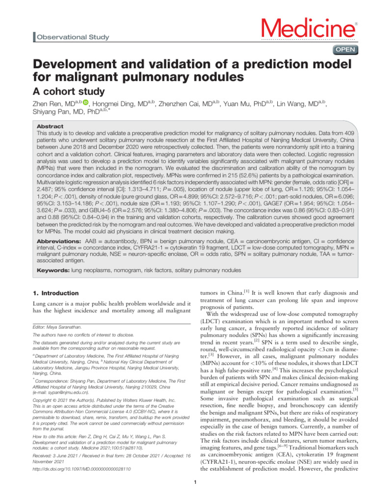 Development and Validation of A Prediction Model For Malignant ...