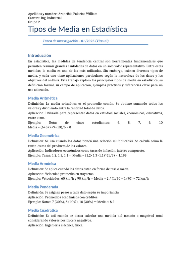 Tipos - de - Media - Estadistica Tarea 3 Atte Arancibia Palacios Willian | PDF | Media ...