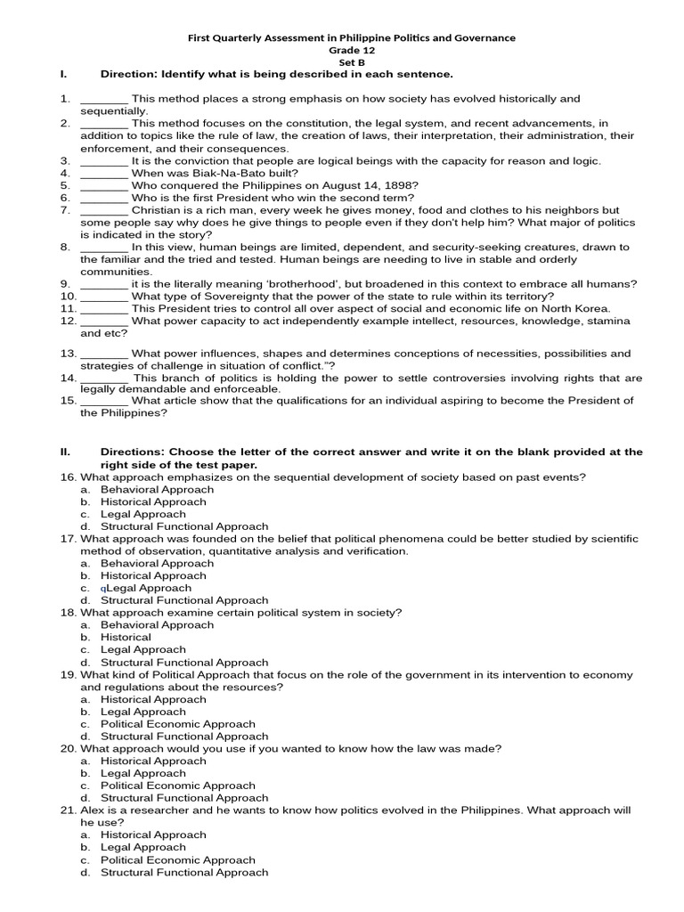 1st Quarterly Examination in POLGOV Set B | PDF | Political Science