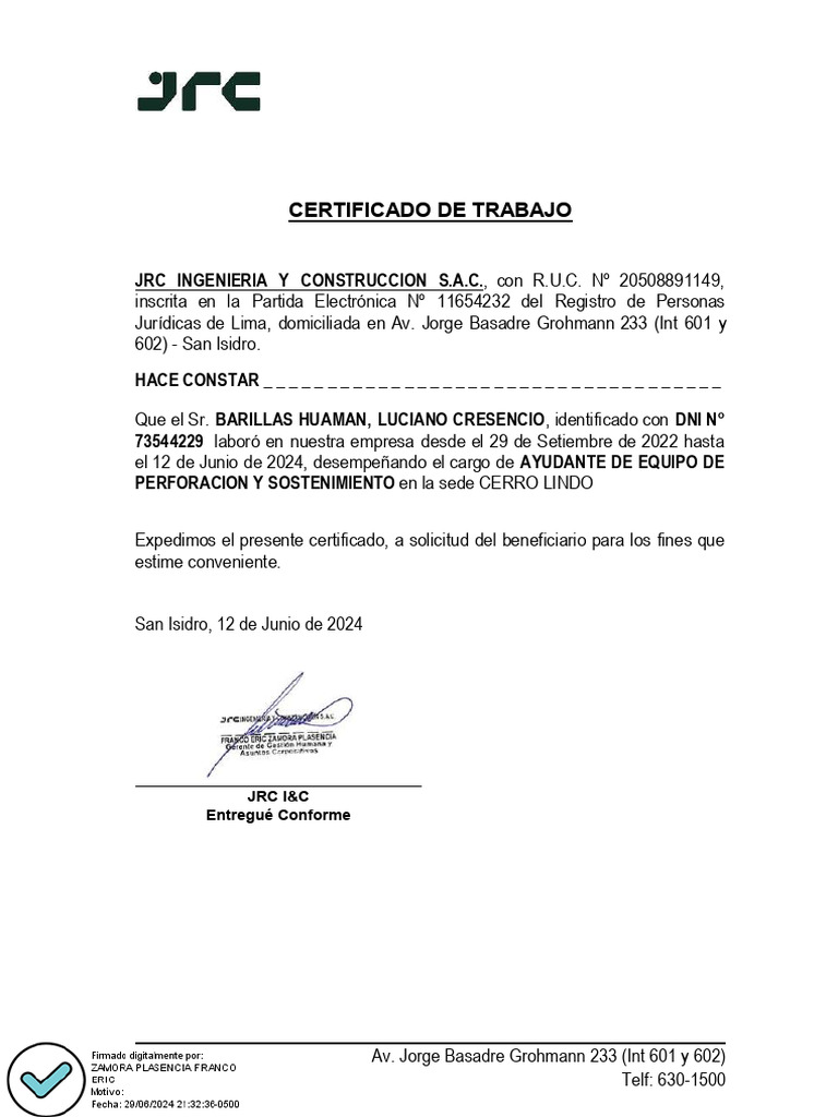 Certificado de Trabajo Jrc | PDF