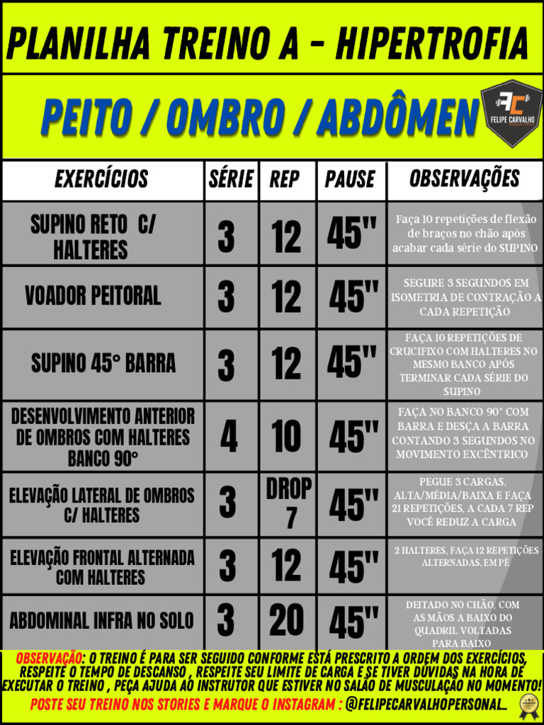 Planilha - Treino A (Peito, Ombro e Abdômen) | PDF | Treinamento de ...
