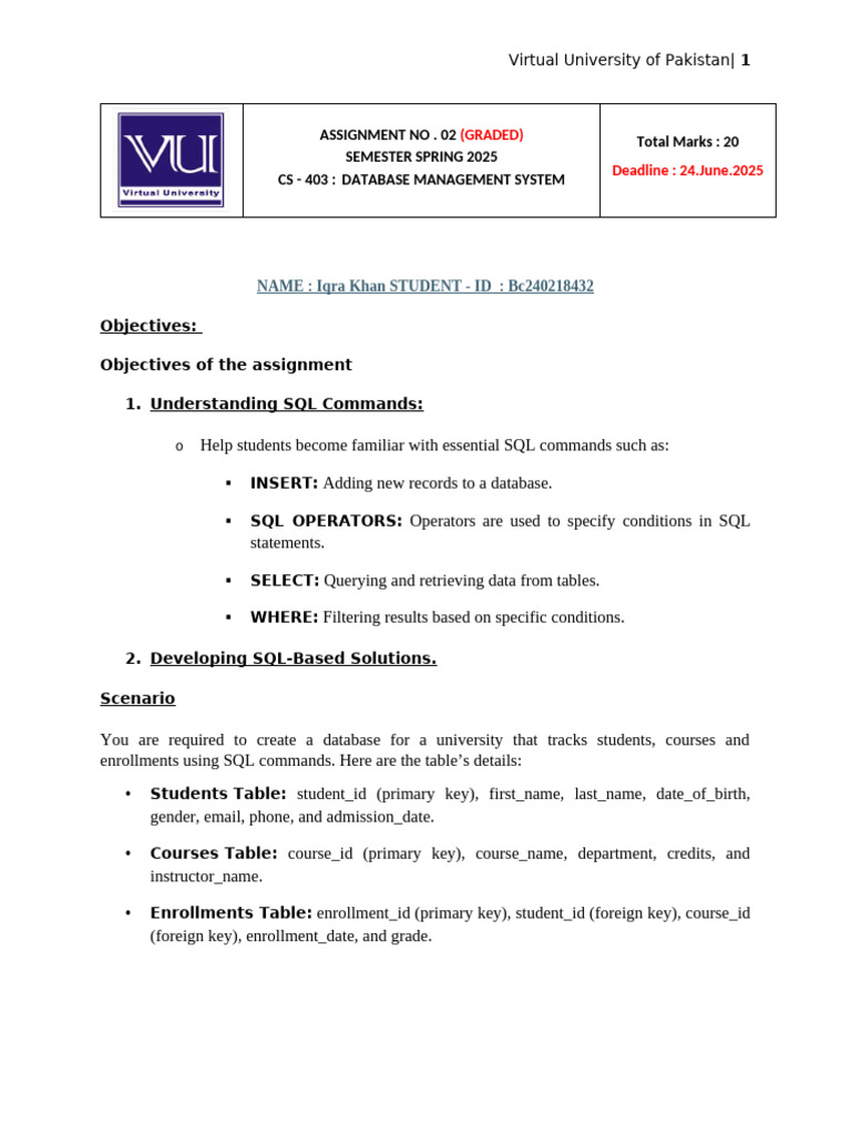 Spring 2025 - CS403 - 2 - BC240218432 | PDF | Sql | Databases