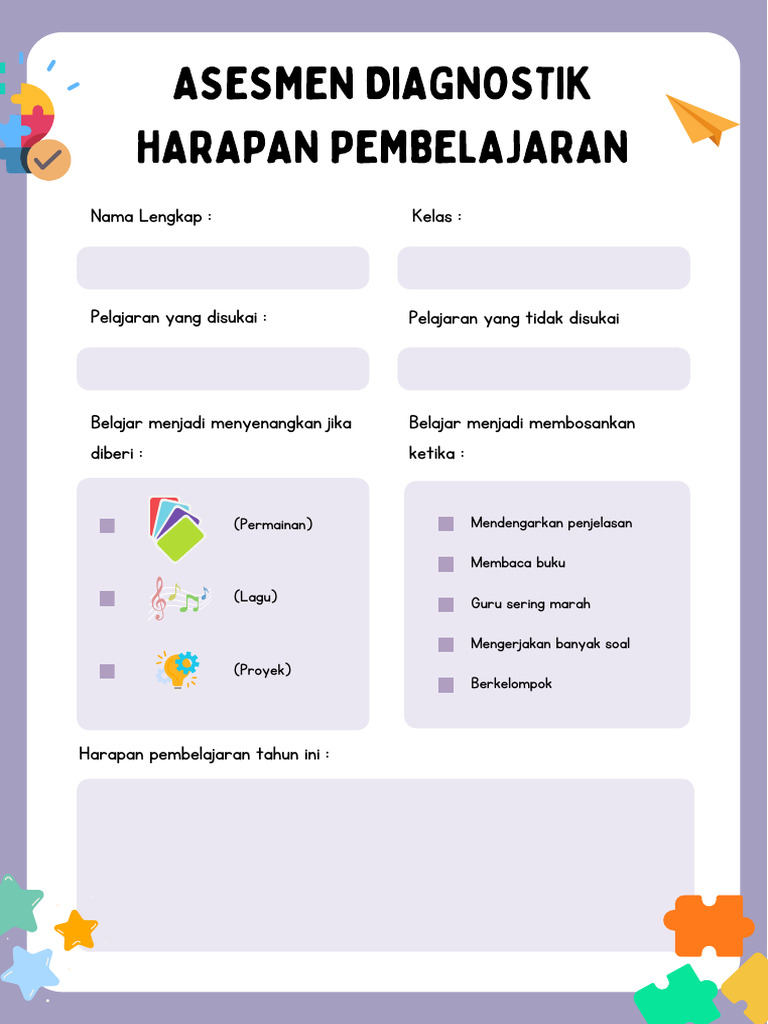 Asesmen Diagnostik Harapan Pembelajaran Lembar Kerja Ungu Ilustratif (1) | PDF