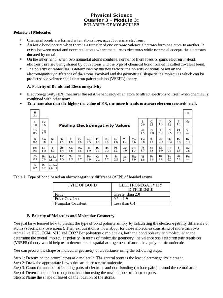 VSEPR Theory and Molecular Polarity | PDF | Chemical Polarity ...