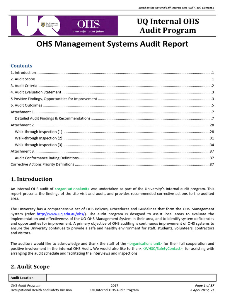 UQ Internal OHS Audit Report 2017 | PDF | Occupational Safety And ...