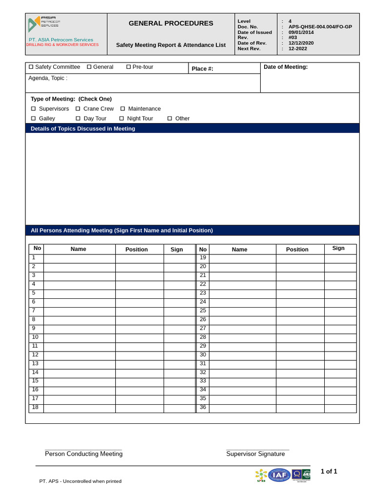 Safety Meeting Report Template | PDF