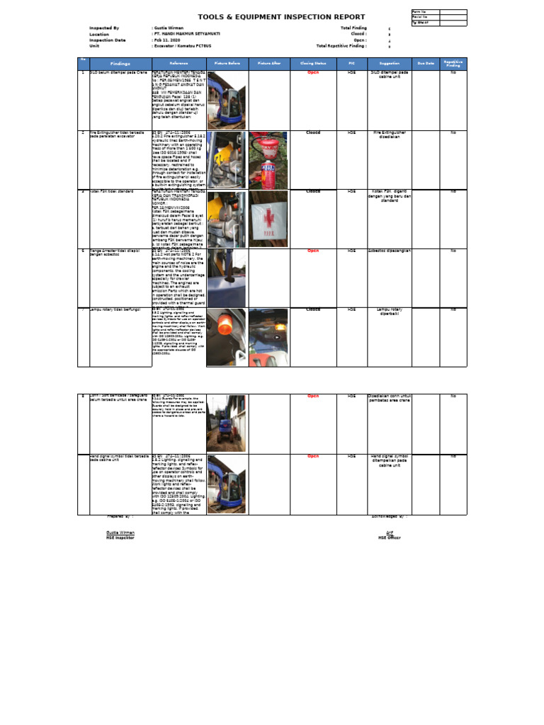 Excavator Inspection Report CL Project On Feb 11. 2020 | PDF ...