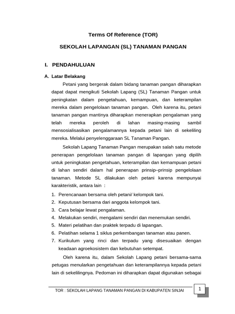 TOR Sekolah Lapang Tanaman Pangan | PDF