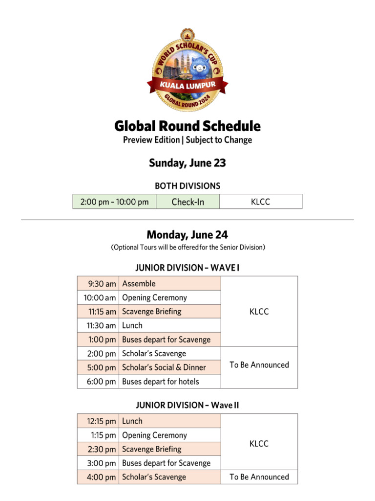 KL Global Round Draft Schedule 2024 | PDF