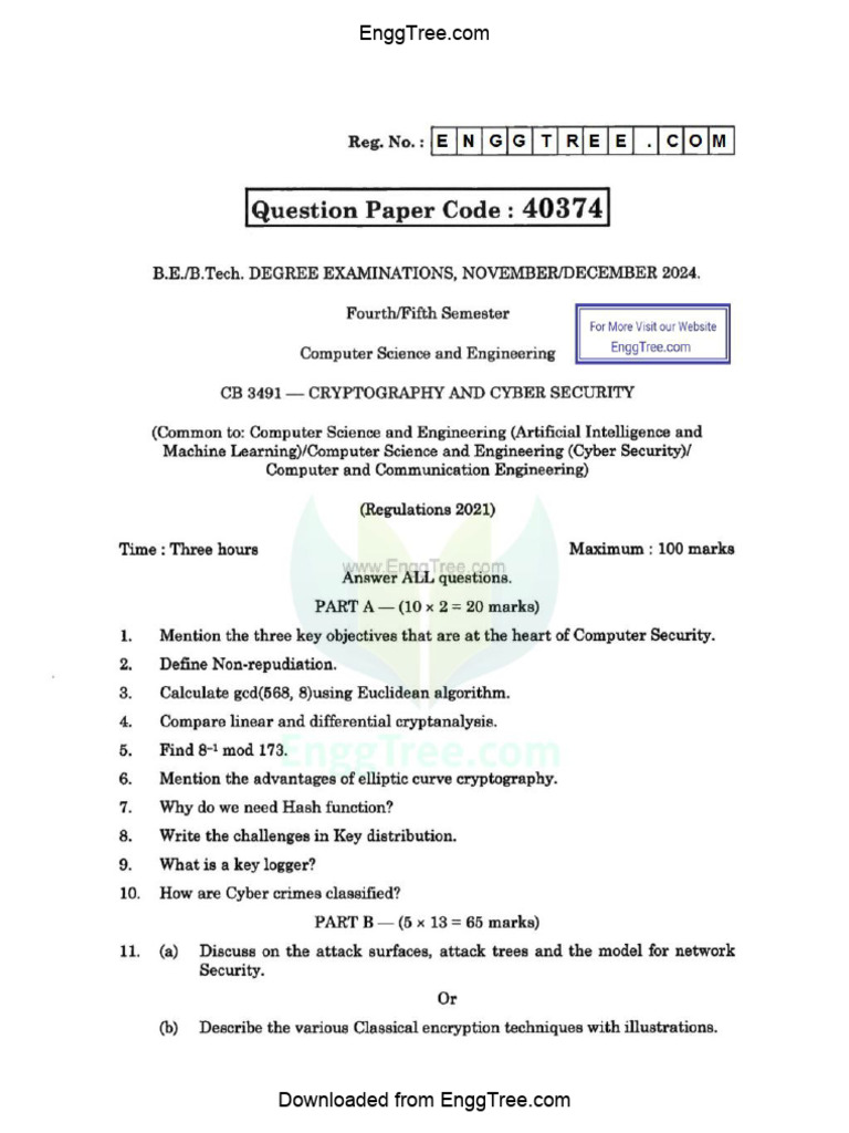 CB3491 Cryptography and Cyber Security Nov Dec 2024 Question Paper Download | PDF
