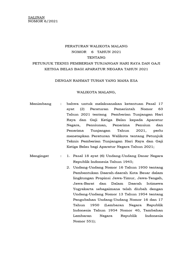 Salinan Perwal No 6 TH 2021 Tentang Petunjuk Teknis Pemberian THR Dan Gaji Ke13 Bagi Aparatur ...