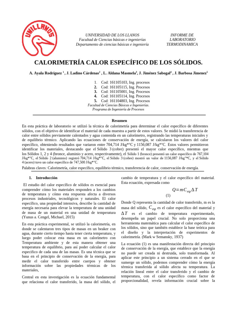 Informe 2 (Calor Específico) | PDF | Calor | Temperatura