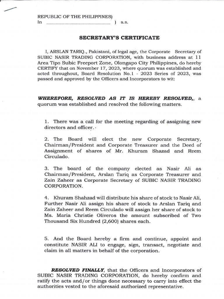 Secretary's Certificate | PDF