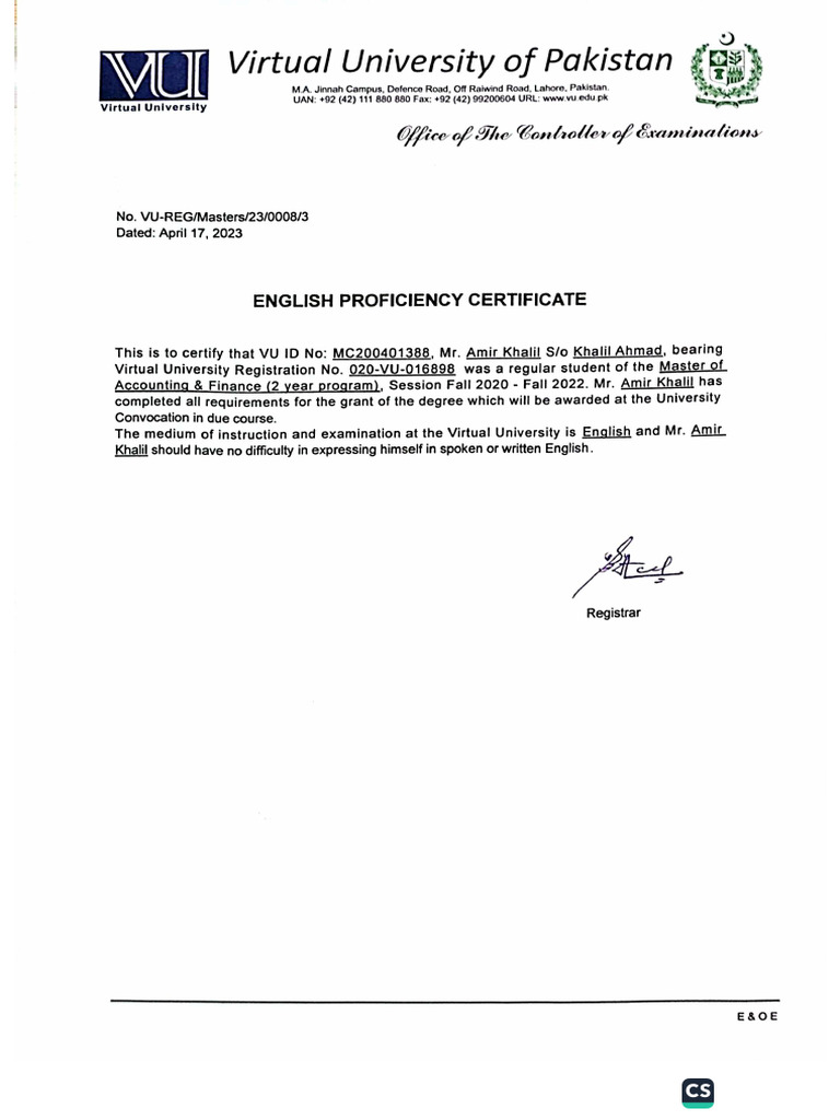 English Proficiency Certificate | PDF