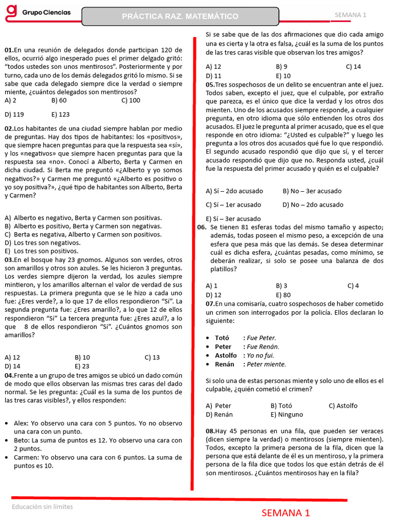 Práctica de Raz. Matemático 1° | PDF