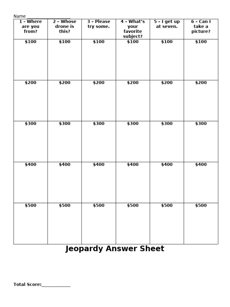 Jeopardy Answer Sheet | PDF