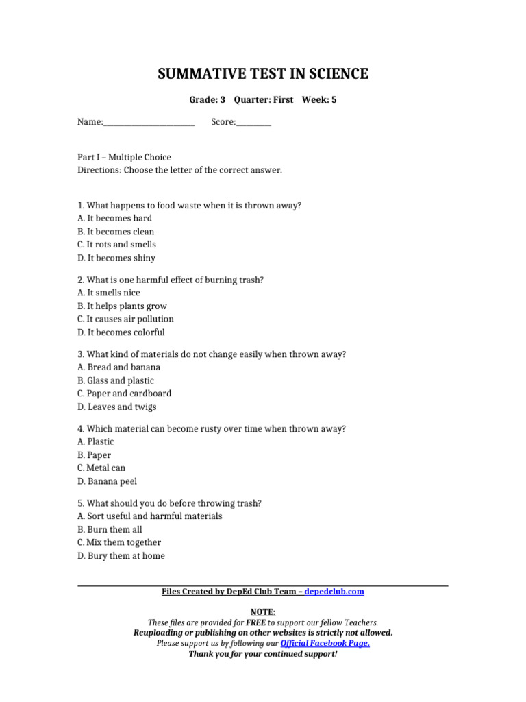 Grade 3 Science Test on Waste Management | PDF | Waste | Pollution